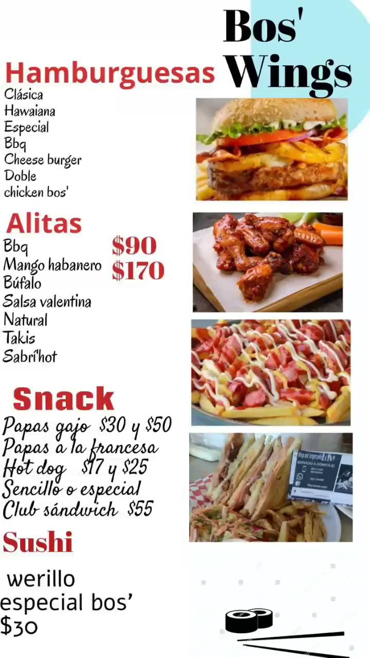 Menu at Bos wings restaurant, Ahualulco de Mercado