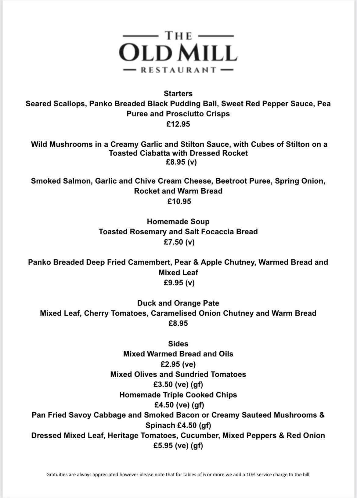Menu at The Old Mill Restaurant, Southampton