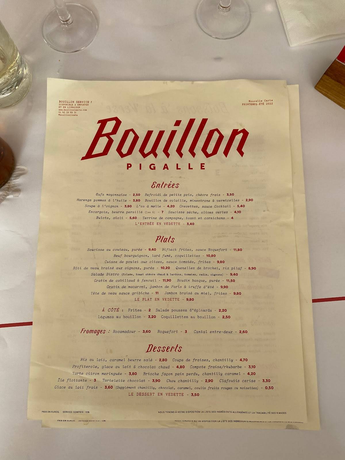 Menu at Bouillon Pigalle restaurant, Paris
