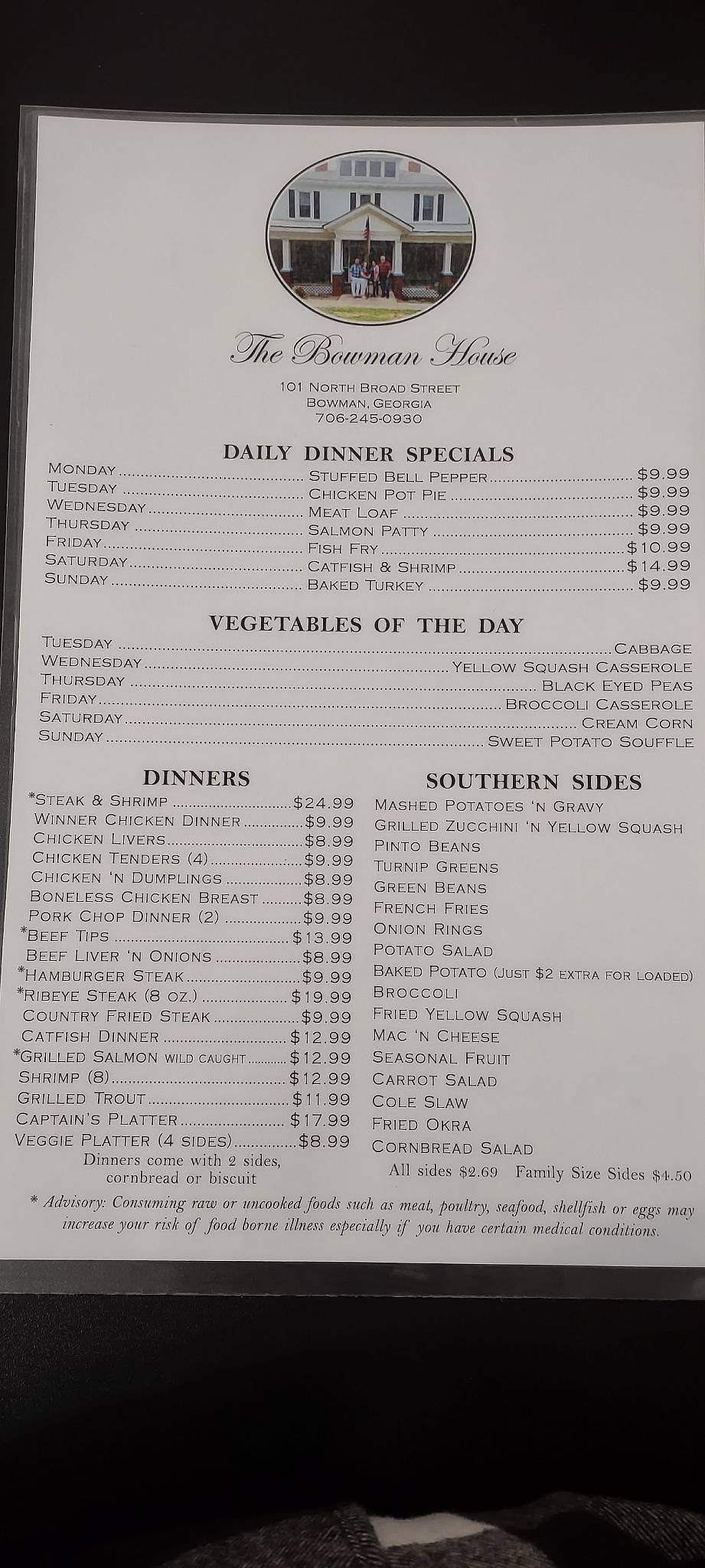 Menu at The Bowman House southern kitchen restaurant, Bowman