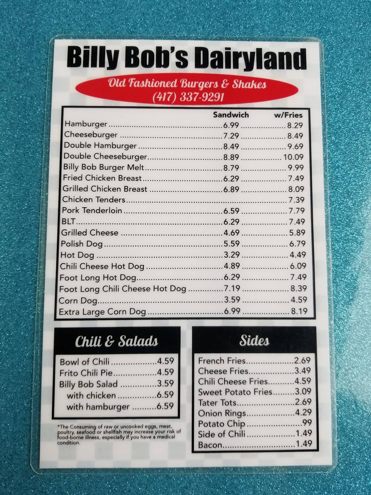 Menu at Billy Bob's Dairy Land restaurant, Branson, W 76 Country Blvd
