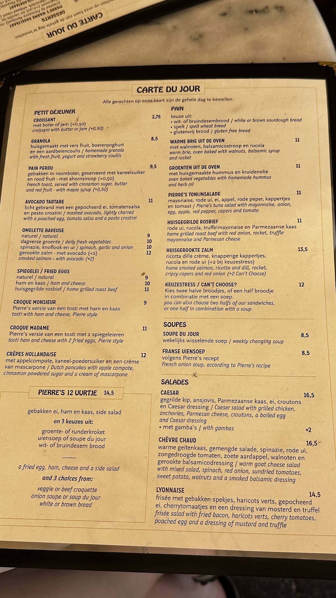 Menu at Brasserie Pierre, Rotterdam