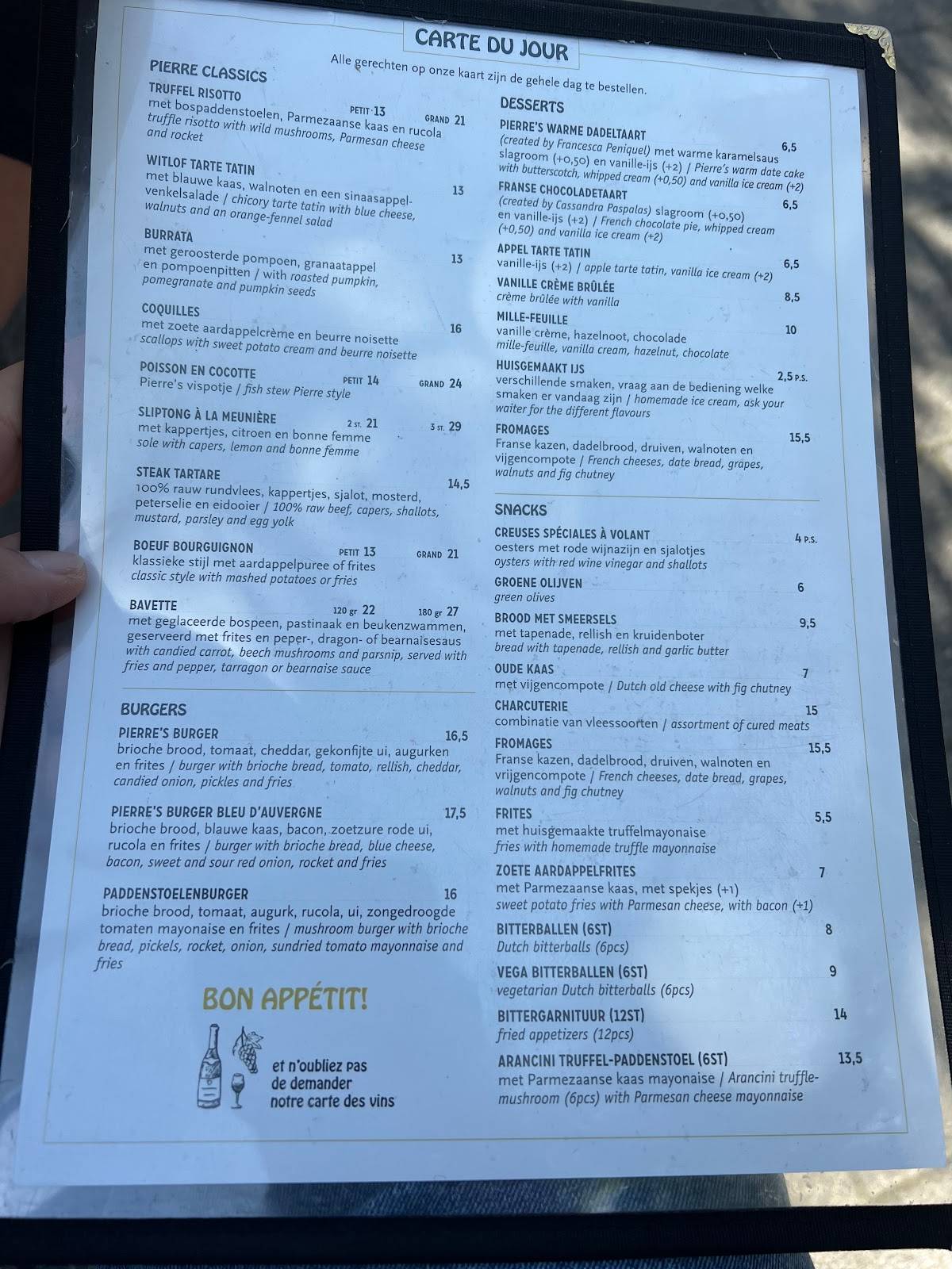 Menu at Brasserie Pierre, Rotterdam