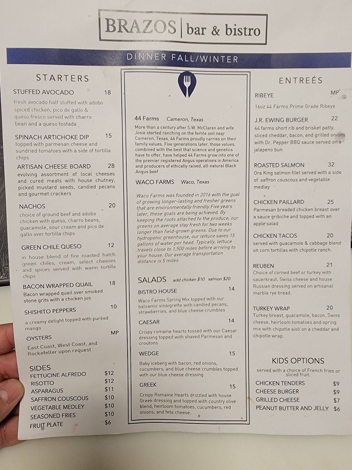 Menu at Brazos Bar & Bistro, Waco