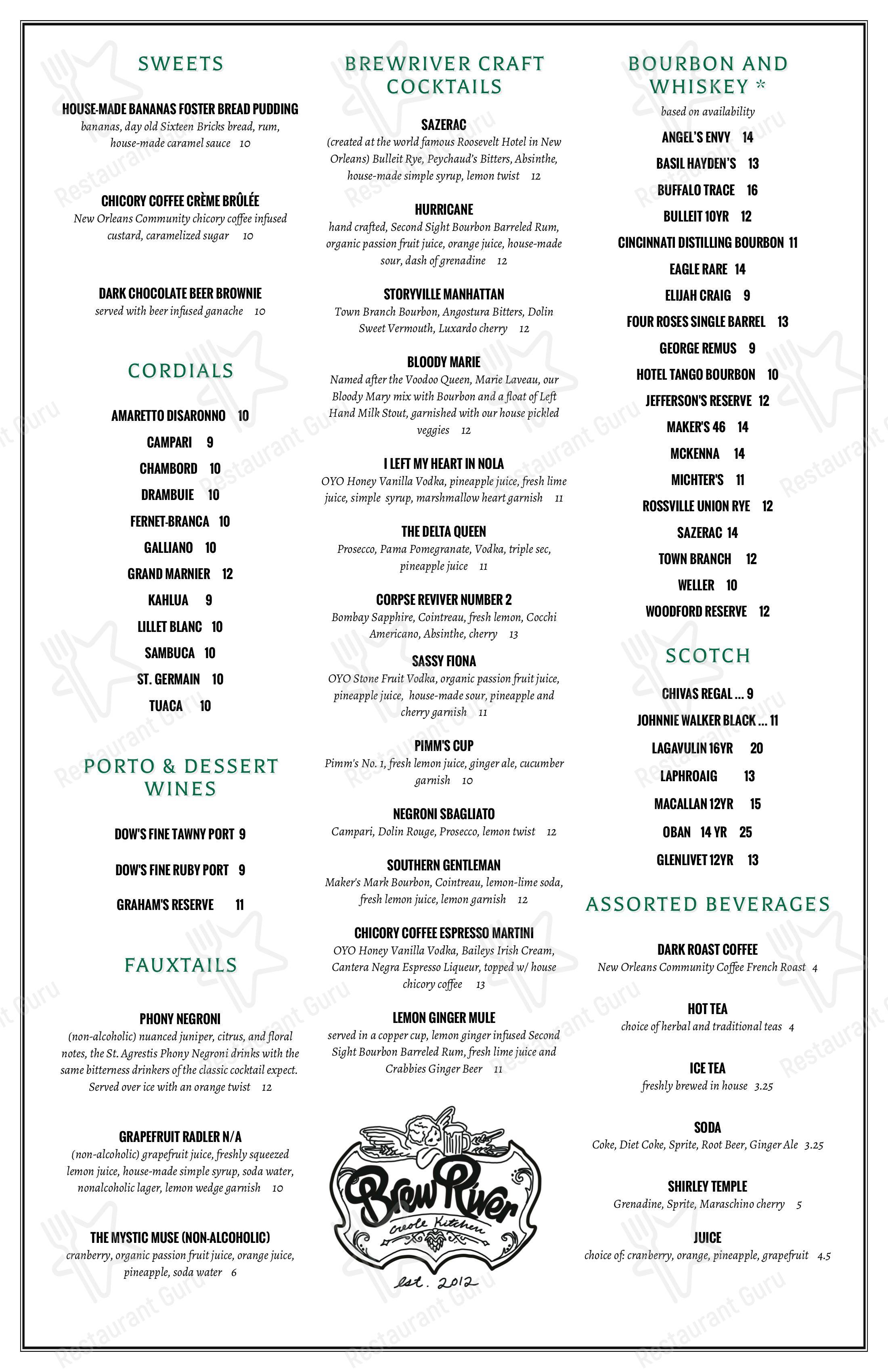 Menu at BrewRiver Creole Kitchen restaurant, Cincinnati