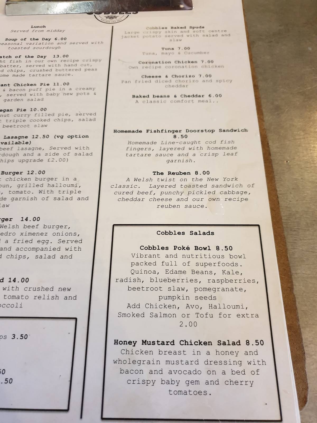 Menu at The Cobbles Collective cafe, Bridgend
