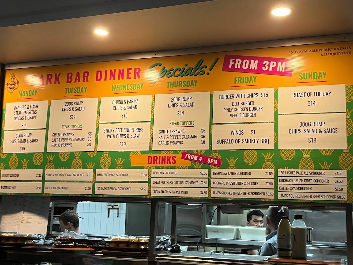 Menu at Pineapple Hotel pub & bar, Kangaroo Point, 706 Main St