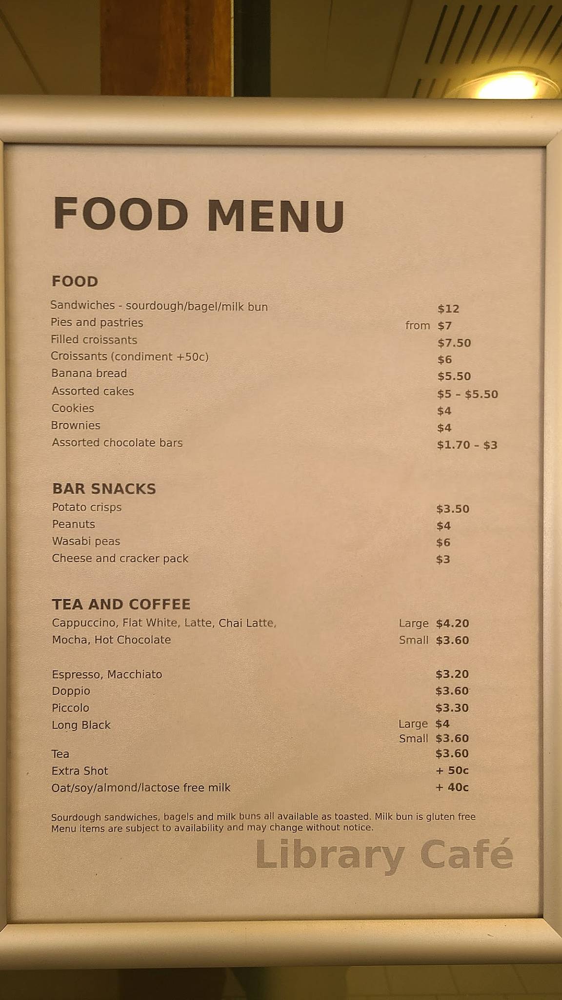Menu at The Library Cafe, South Brisbane, 22 Stanley Pl