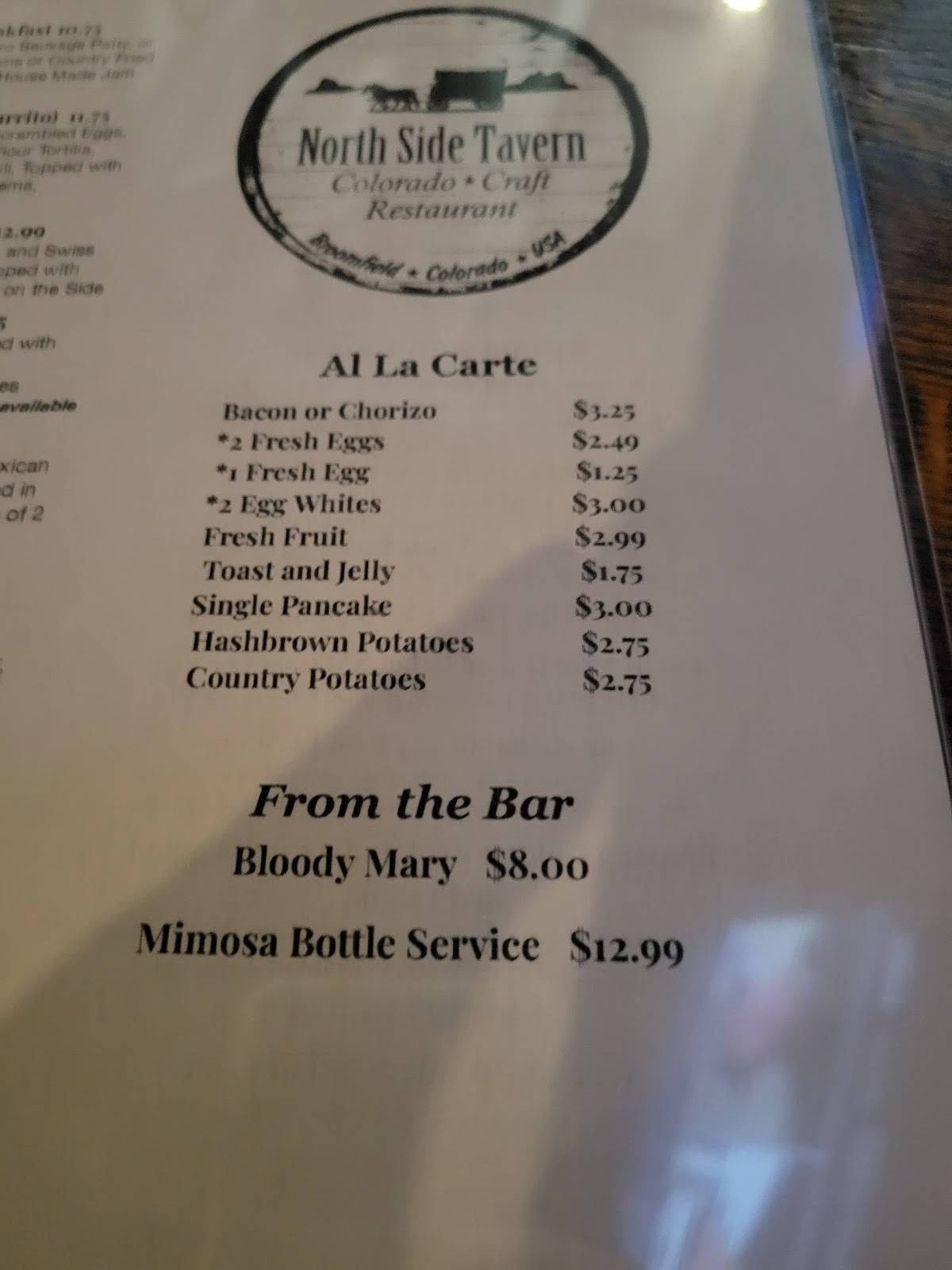 Menu at North Side Tavern Restaurant, Broomfield