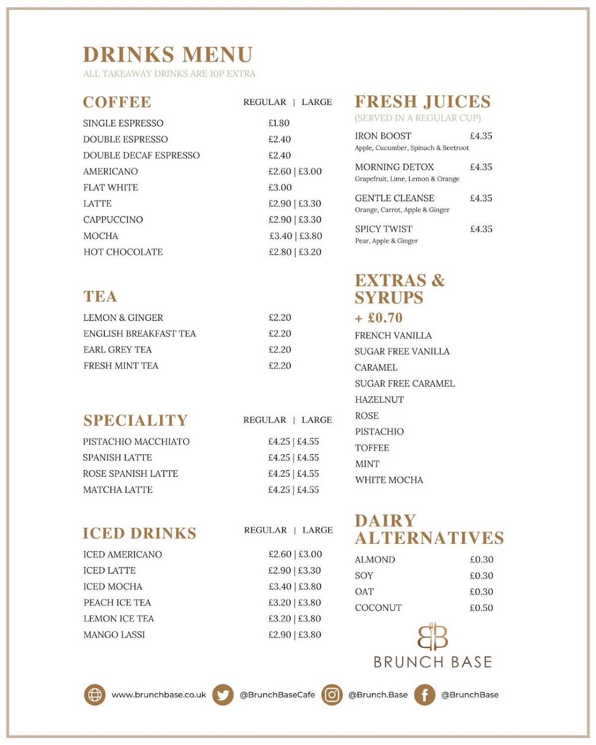 Menu at Brunch Base cafe, Cambridge