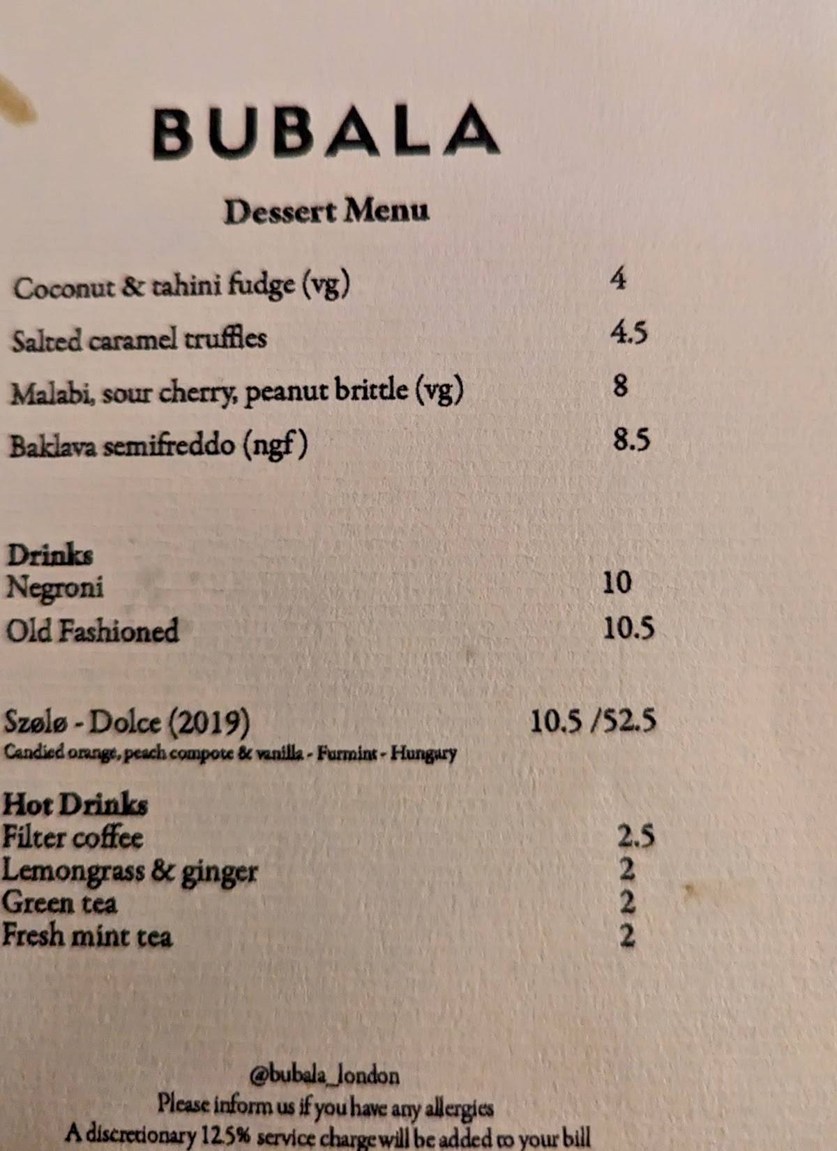 Menu at Bubala Soho restaurant, London