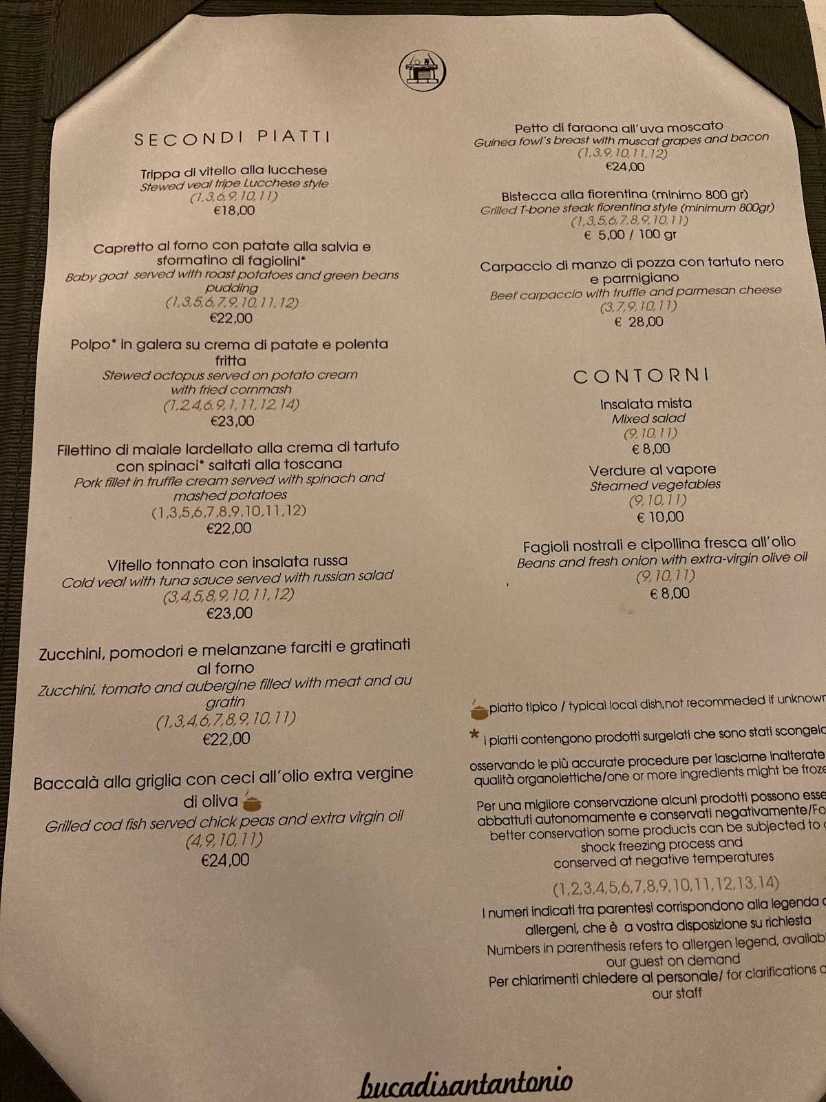 Menu at Buca di Sant'Antonio restaurant, Lucca