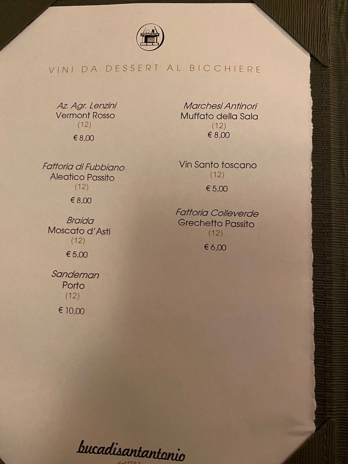 Menu at Buca di Sant'Antonio restaurant, Lucca
