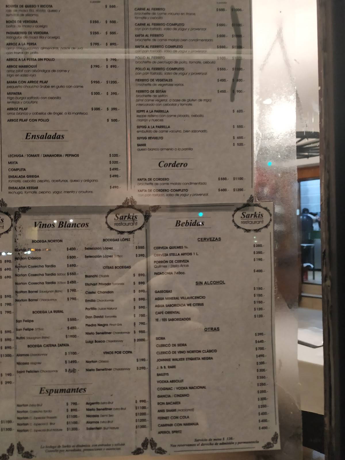 Carta del restaurante Sarkis, Buenos Aires