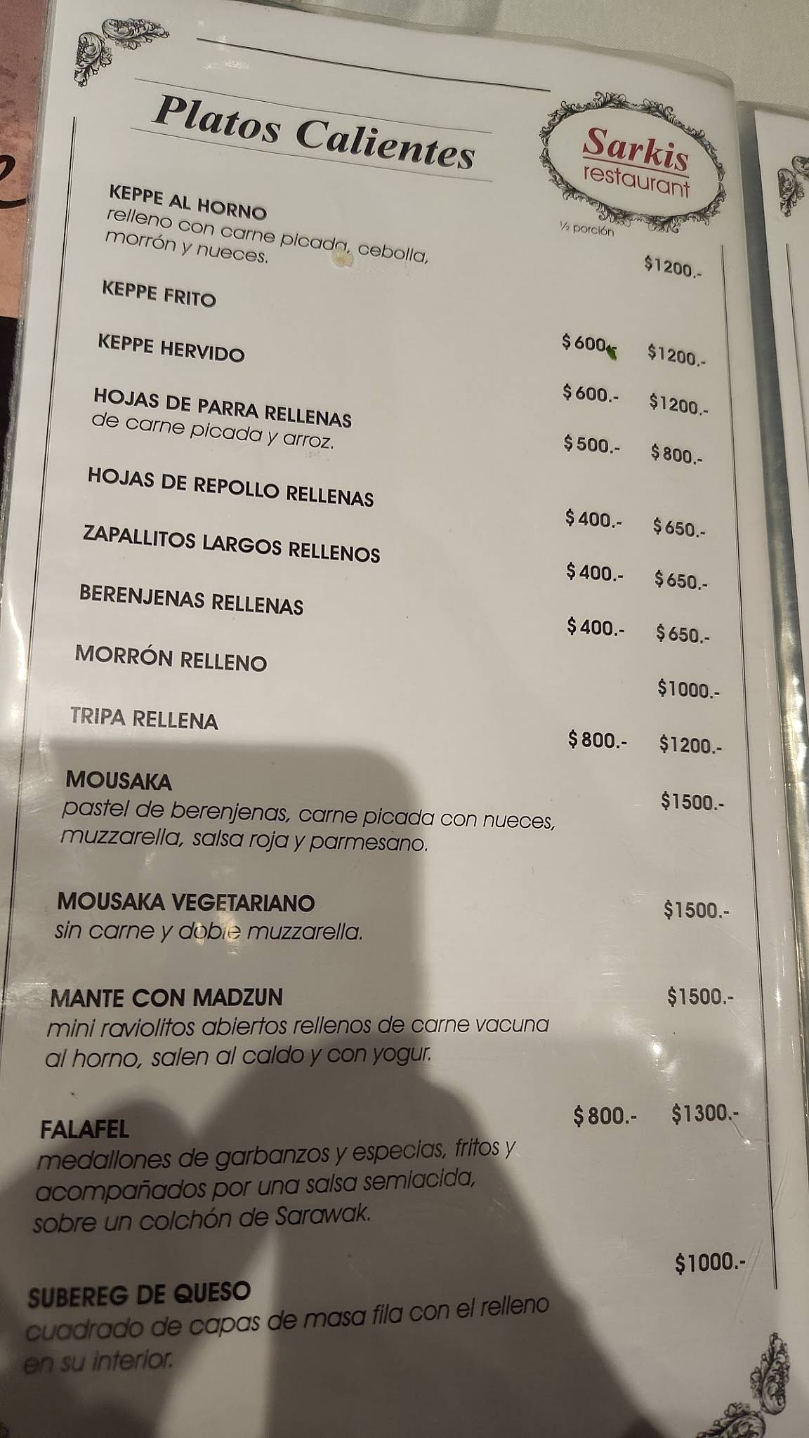 Carta del restaurante Sarkis, Buenos Aires