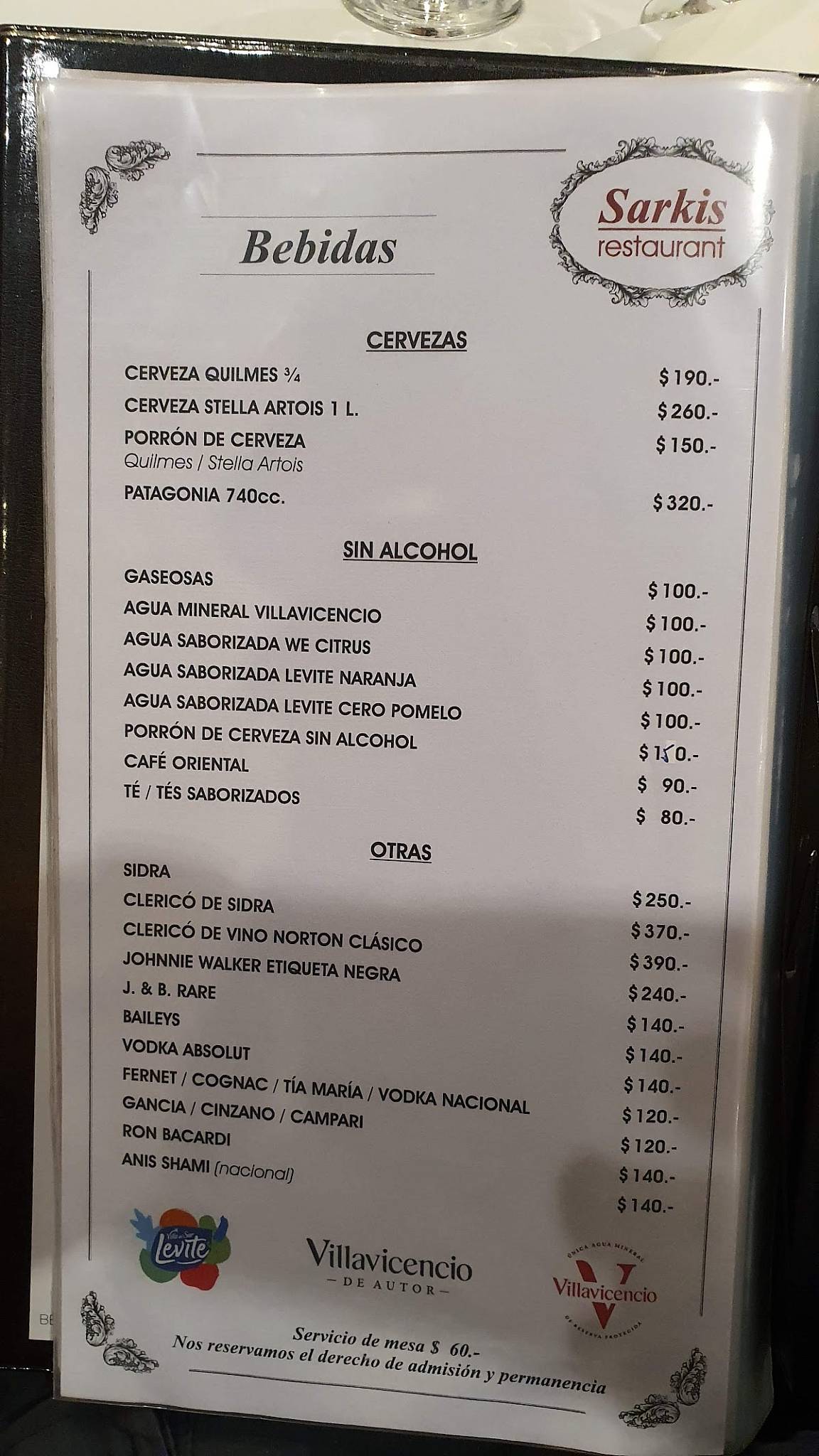 Carta del restaurante Sarkis, Buenos Aires