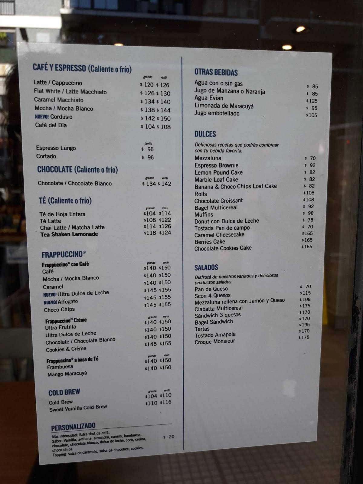 Carta del café Starbucks, Buenos Aires, Av. Sta. Fe 1999