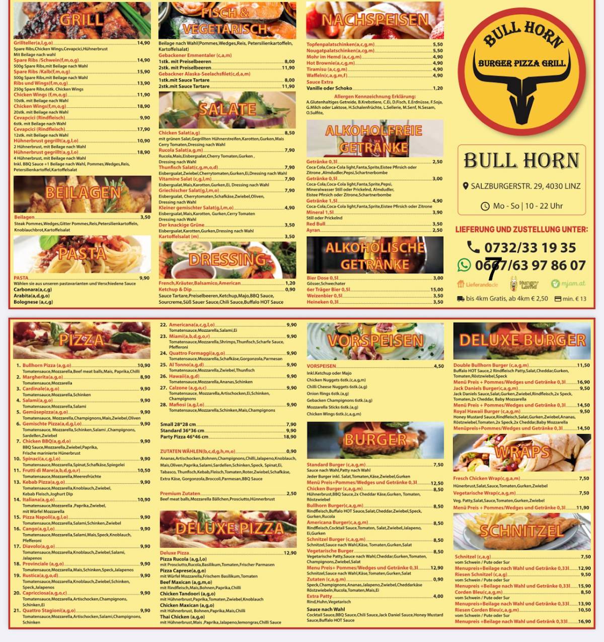 Speisekarte von Bull Horn - Pizza - Burger - Grill Linz, Linz