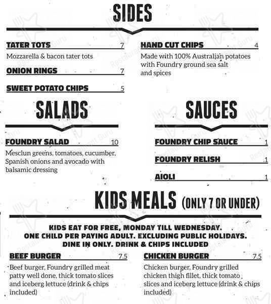 Menu at Burger Foundry cafe, Torrensville, 172 Henley Beach Rd