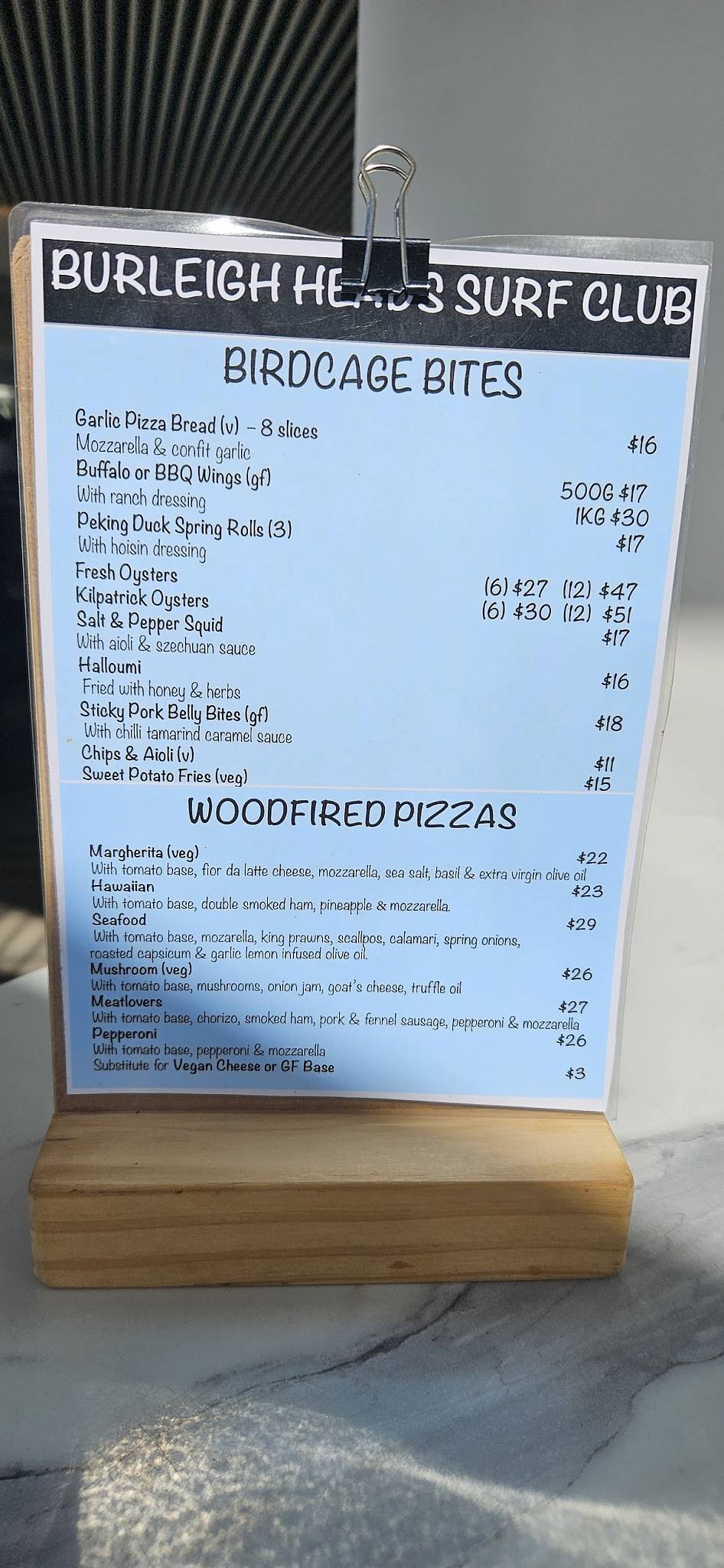 Menu at Burleigh Heads Mowbray Park SLSC restaurant, Burleigh Heads