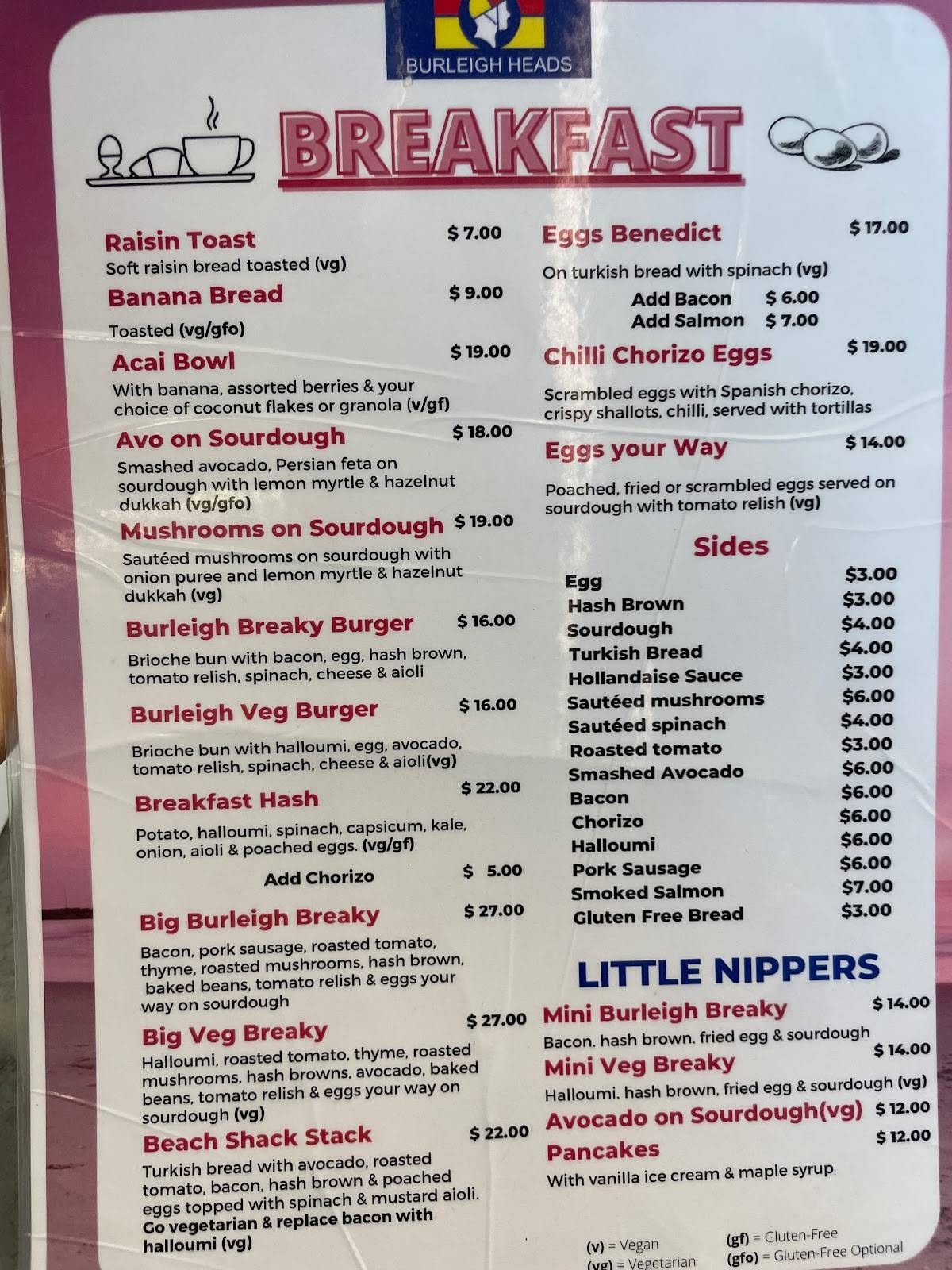 Menu at Burleigh Heads Mowbray Park SLSC restaurant, Burleigh Heads