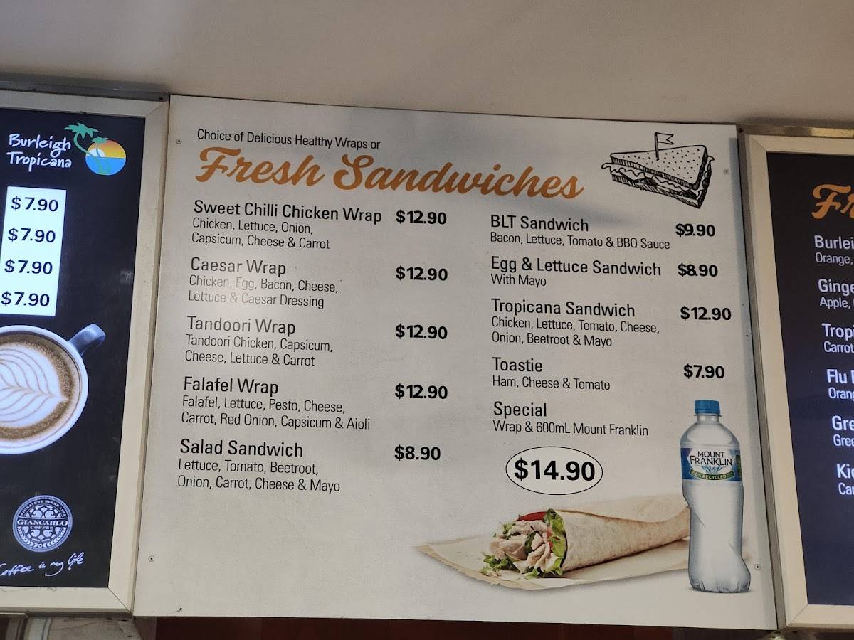 Menu at Burleigh Tropicana Cafe, Burleigh Heads, Gold Coast Hwy