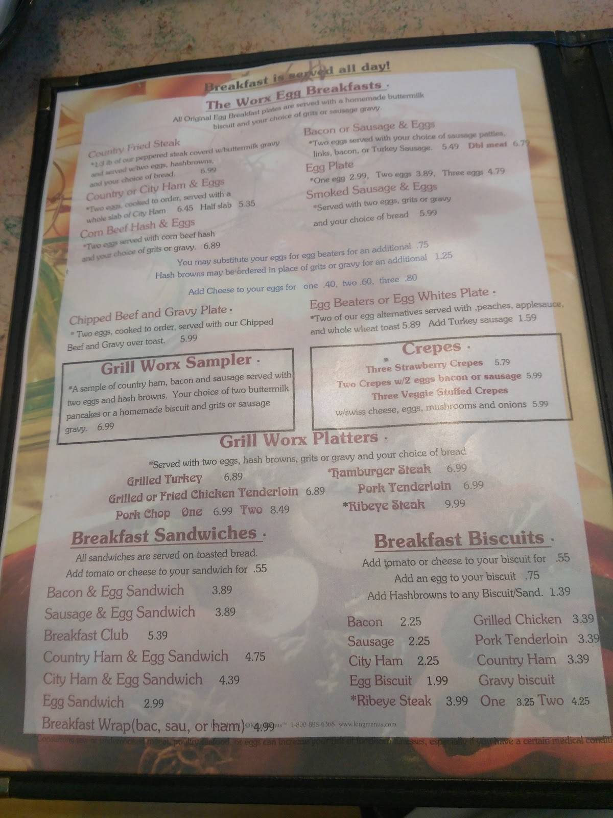 Menu at Grill Worx restaurant, Burlington, W Webb Ave