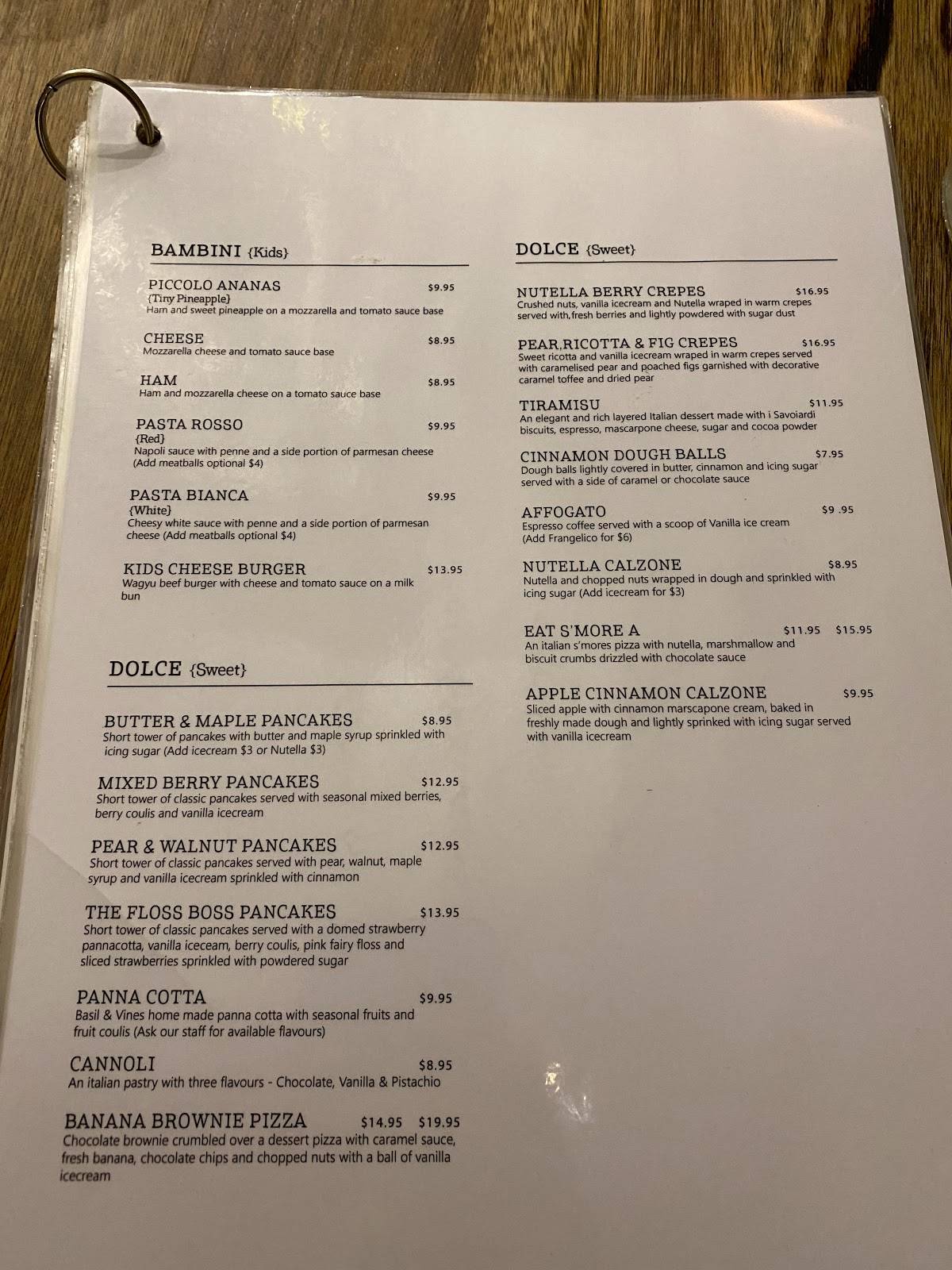 Menu at Basil & Vine restaurant, Burpengary