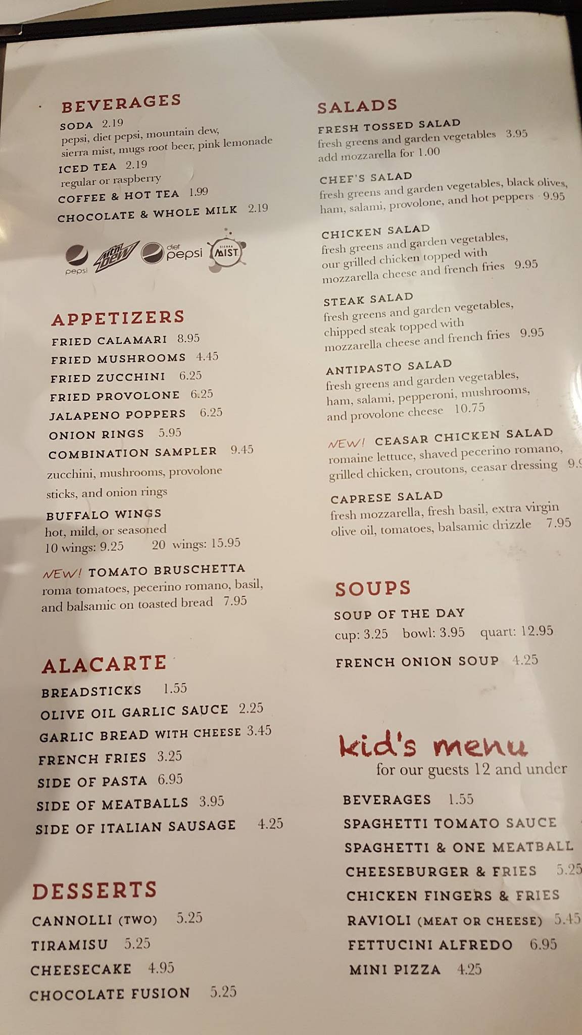 Menu at Villa Grande Restaurant & Pizzeria, Butler
