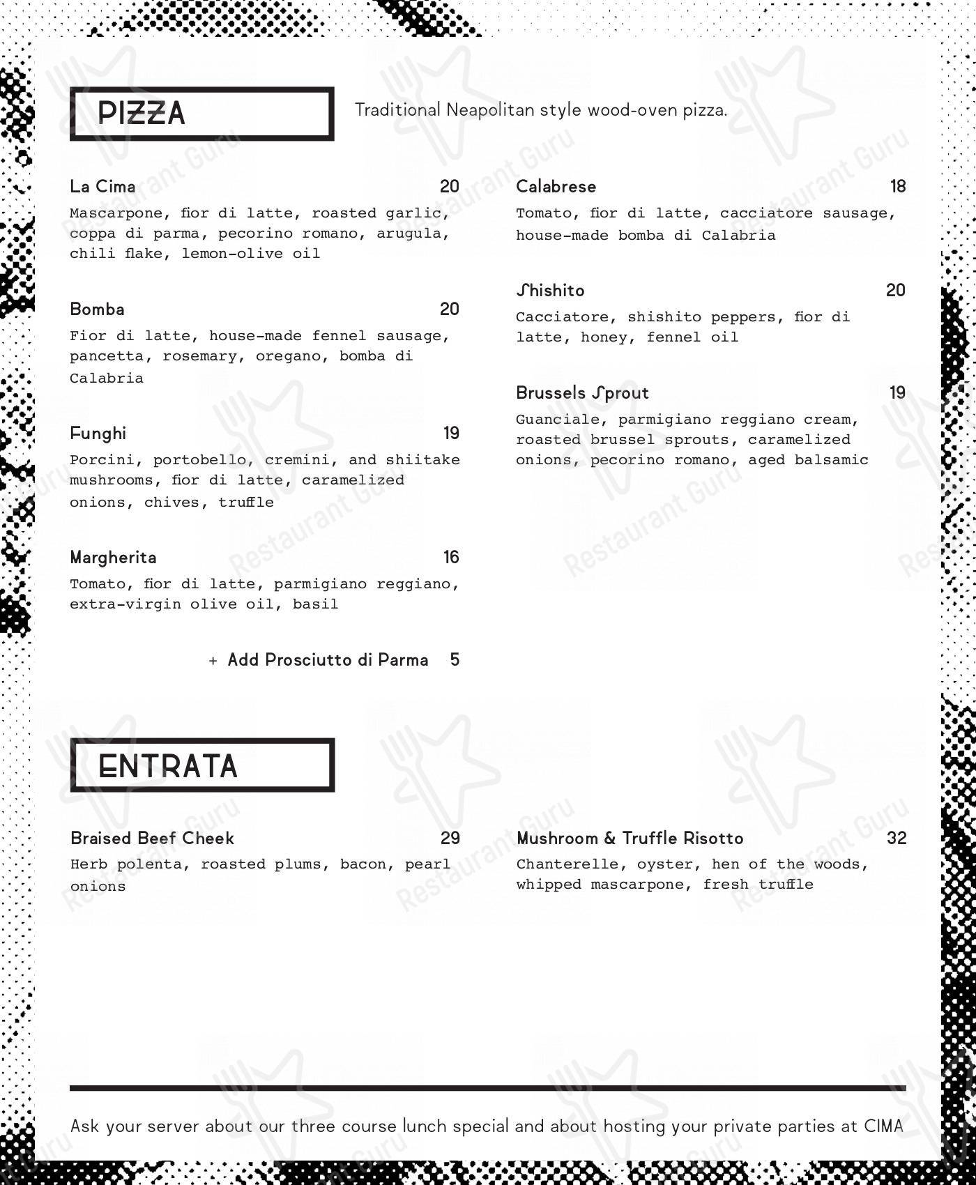 Menu at CIMA Enoteca restaurant, Hamilton