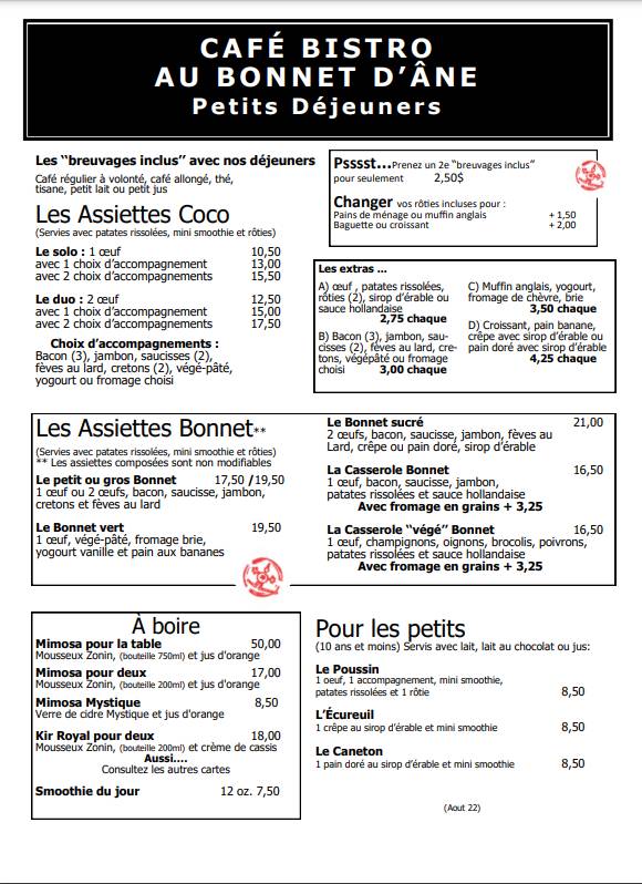 Menu au Cafe-Bistro Au Bonnet D'âne, Québec, 298 Rue Saint Jean
