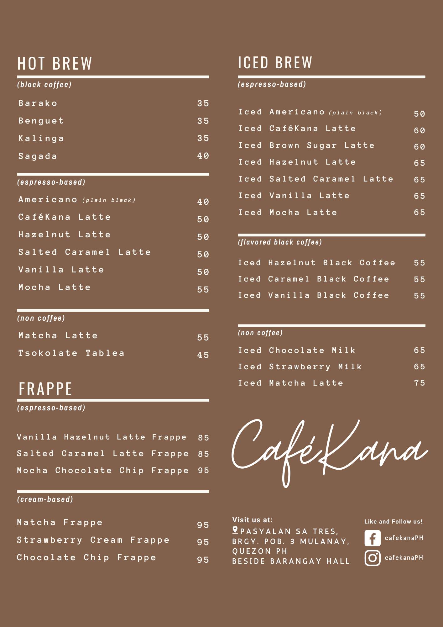 Menu at CaféKana cafe, Mulanay