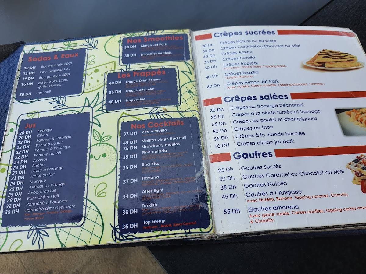 Menu au Aiman Jet Park café, Al Hoceima