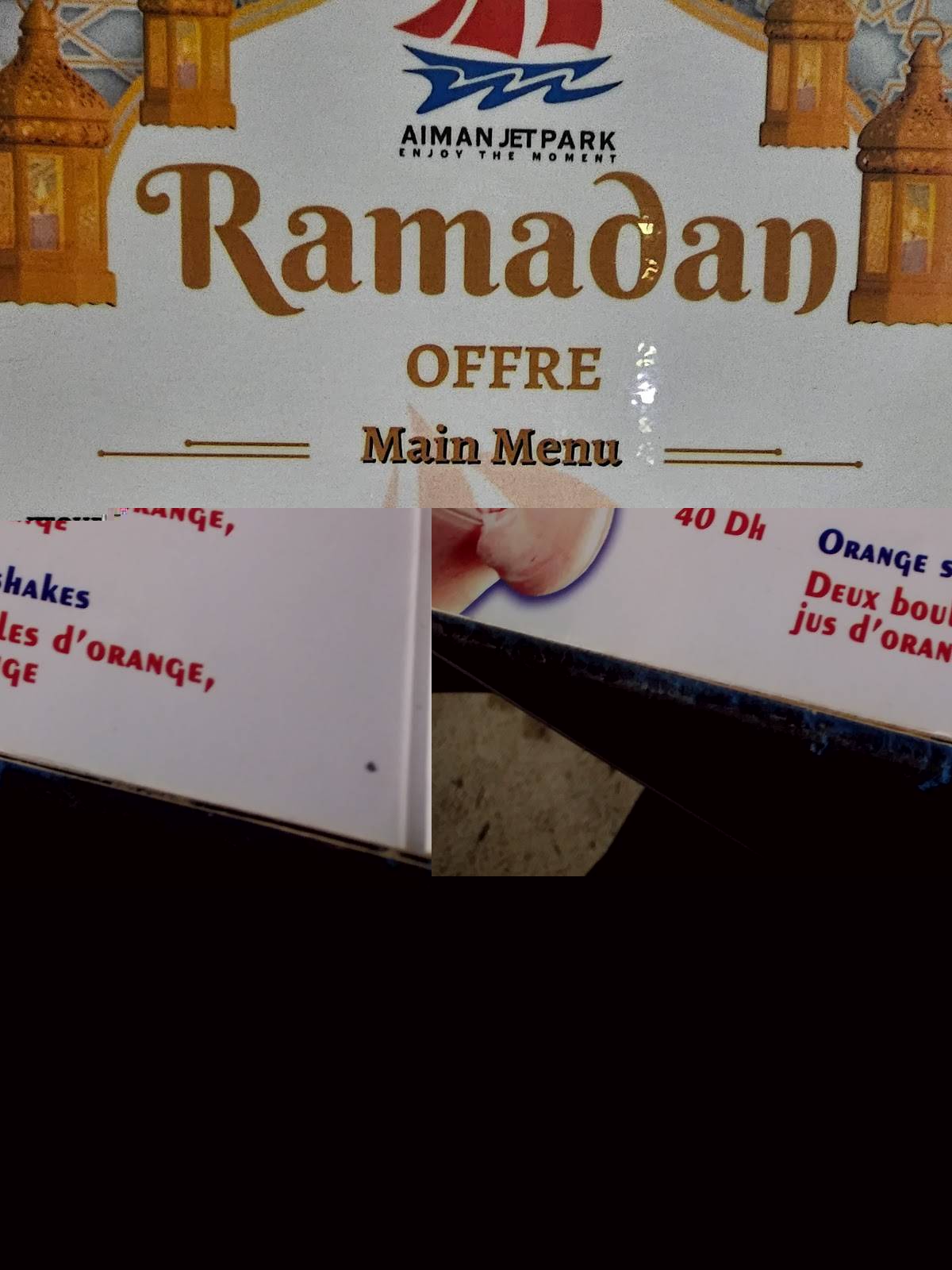Menu au Aiman Jet Park café, Al Hoceima