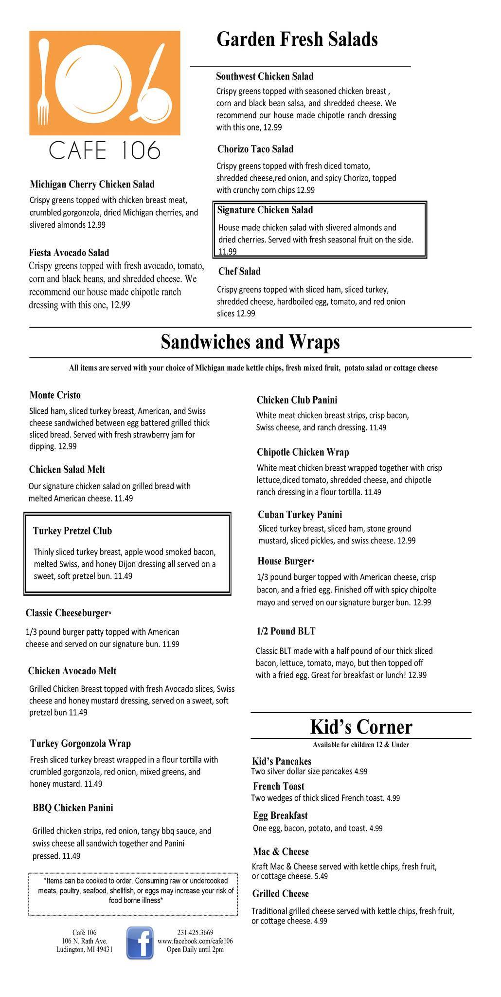 Menu at Cafe 106, Ludington