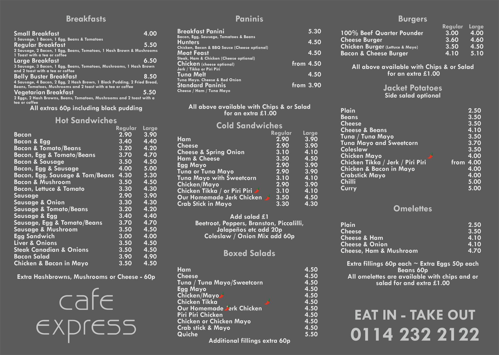 Menu at Cafe Express, Sheffield, 7 Southey Hill