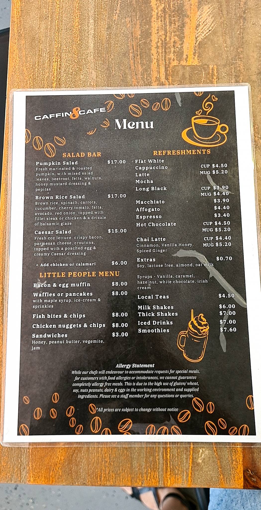 Menu at Caffin8 Cafe, Gordonvale