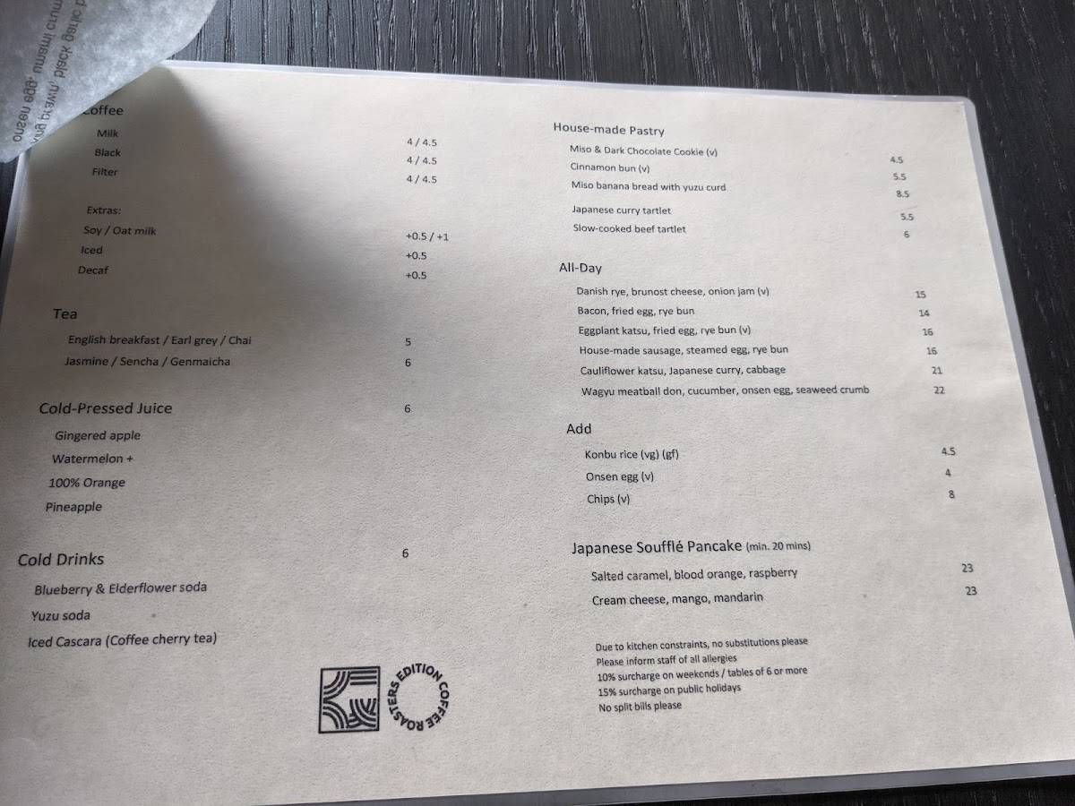 Menu at Edition Roasters cafe, Sydney, 60 Darling Dr