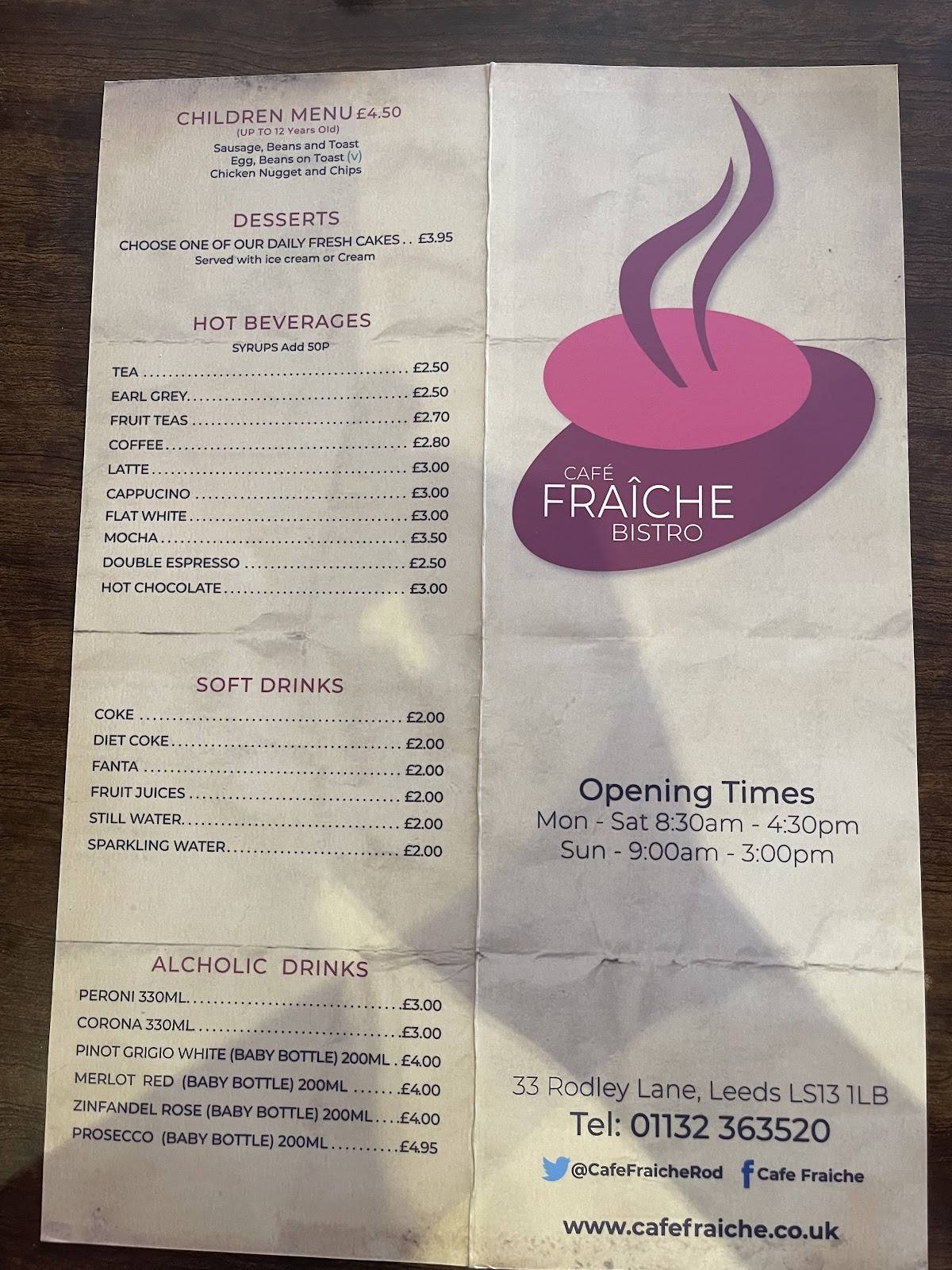 Menu at Cafe Fraiche, Leeds, 33 Rodley Ln