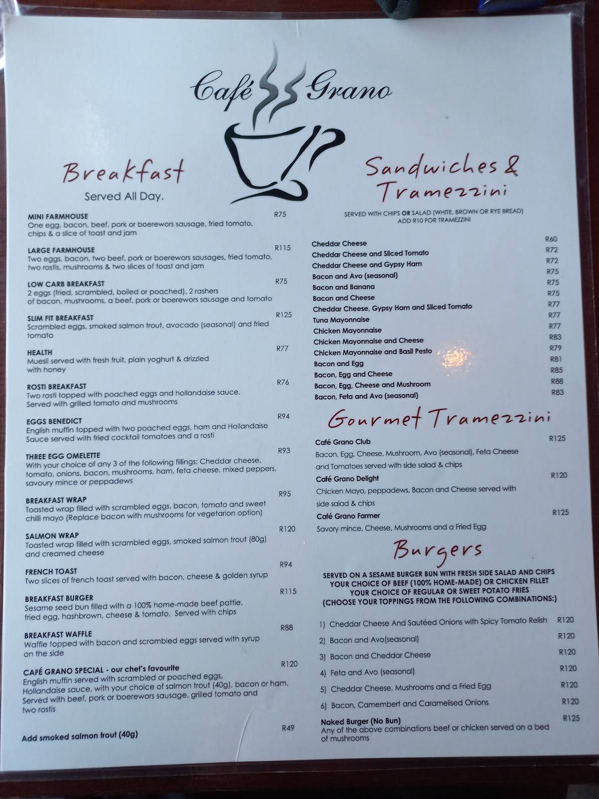 Menu at Cafe Grano, Cape Town, Shop 5 Graanendal Shopping Centre