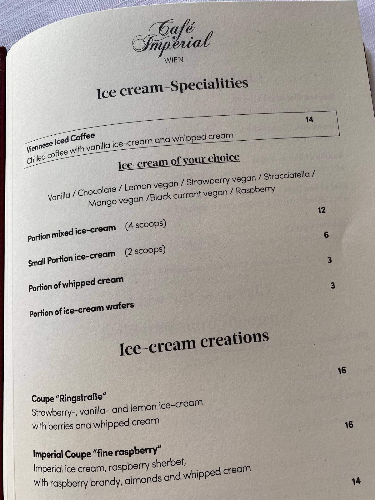 Carta de Café Imperial Wien, Viena