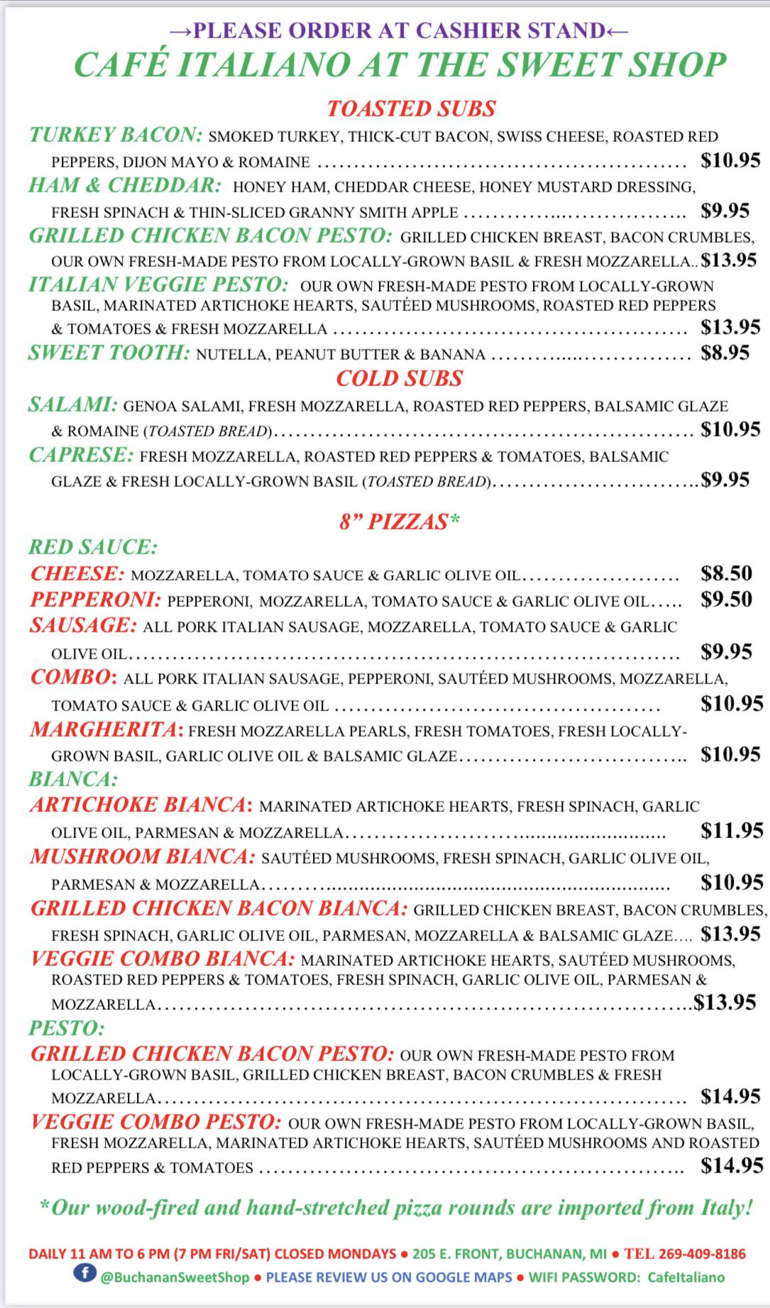 Menu at Cafe Italiano at The Sweet Shop, Buchanan