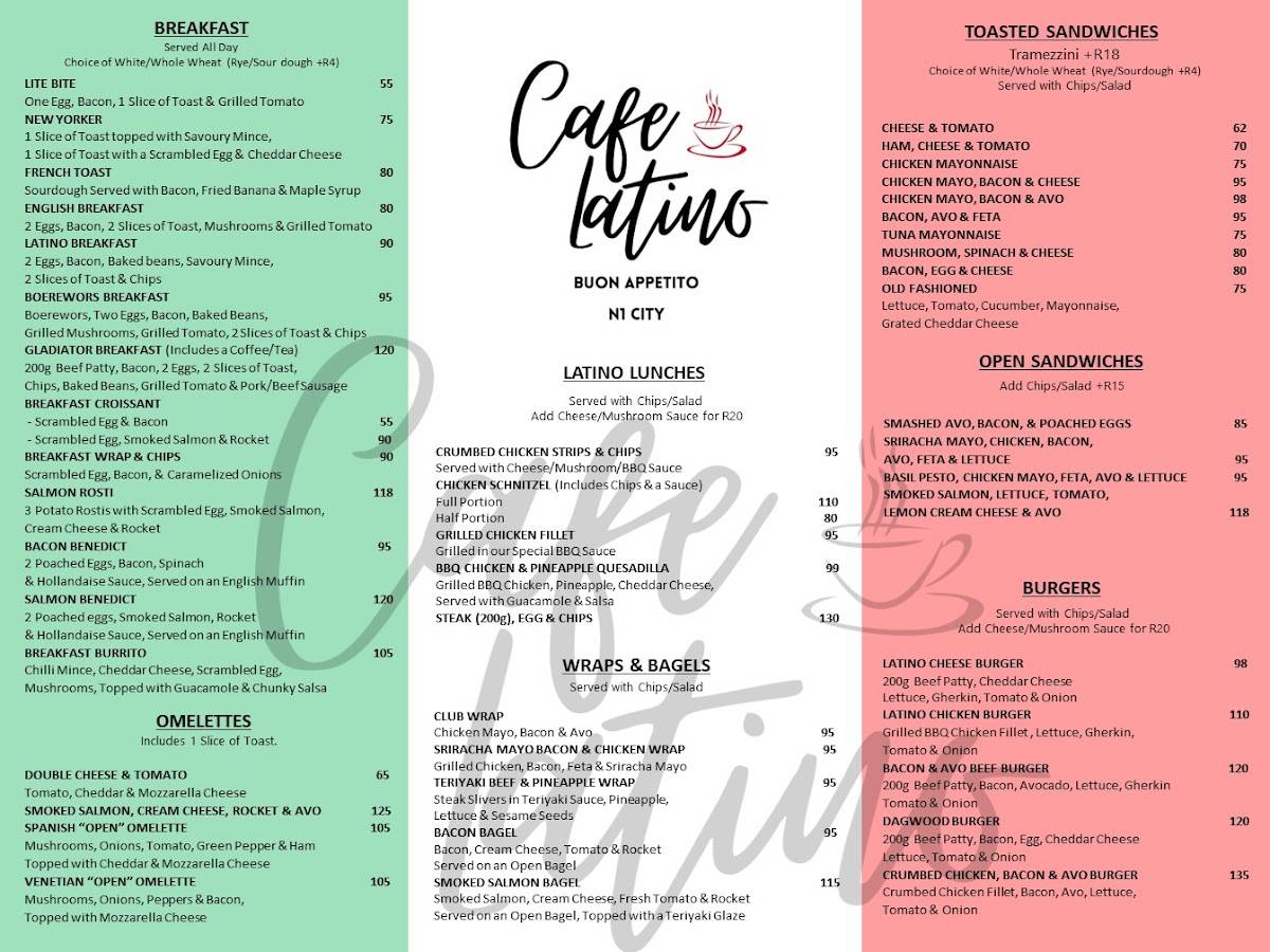 Menu at Cafe Latino N1 City, Cape Town, N1 City Mall