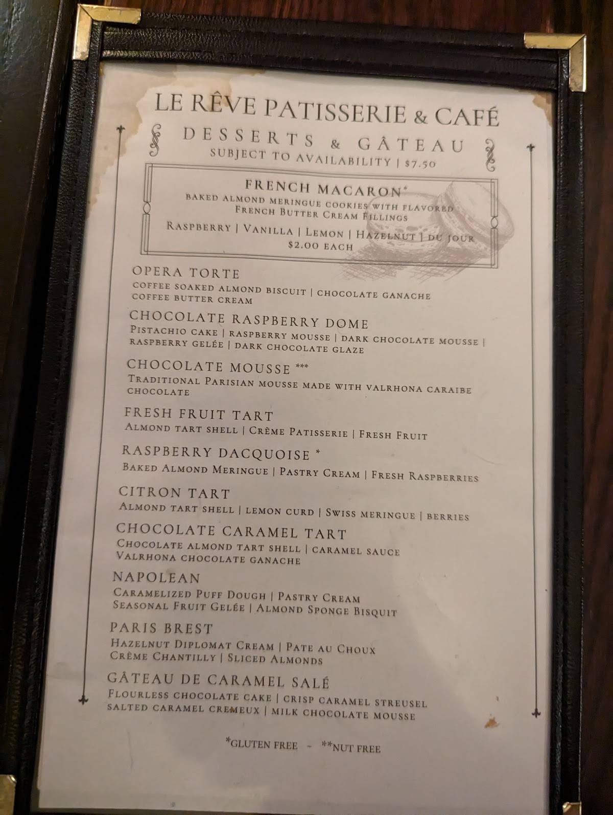 Menu at Le Reve Pâtisserie & Café cafe, Wauwatosa