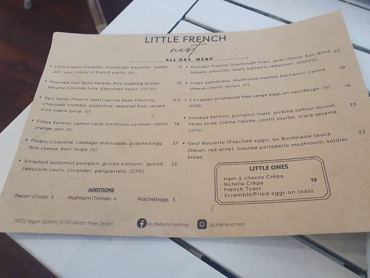 Menu at Little French Nest cafe, Fremantle