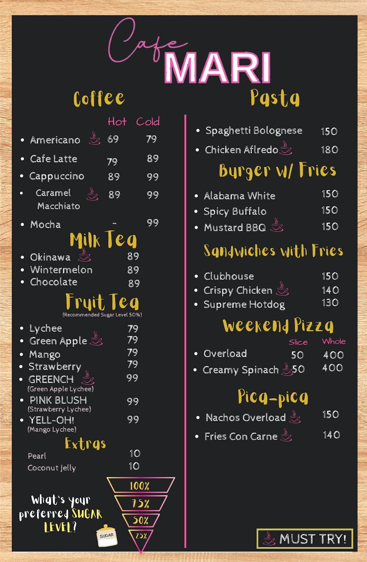 Menu at Cafe Mari, Lipa