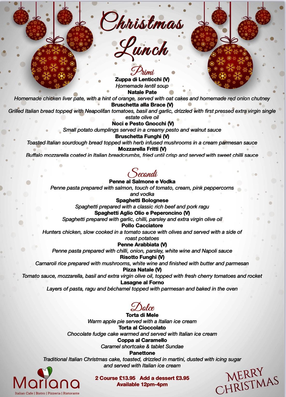 Menu at Café Mariana restaurant, Kirkintilloch