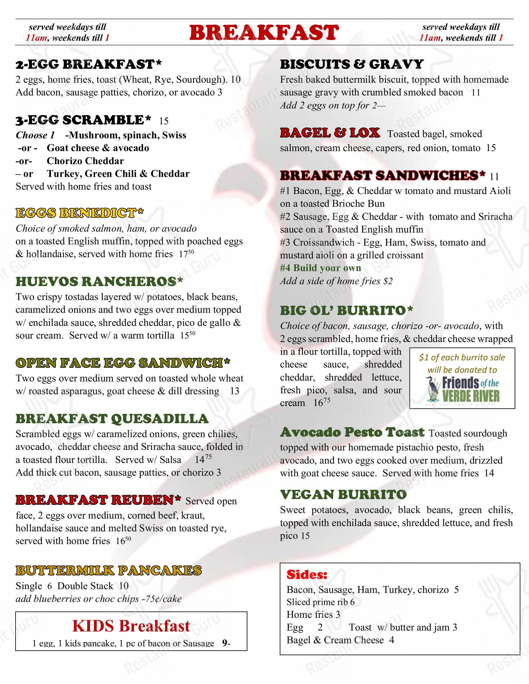 Menu at Old Town Red Rooster Cafe, Cottonwood