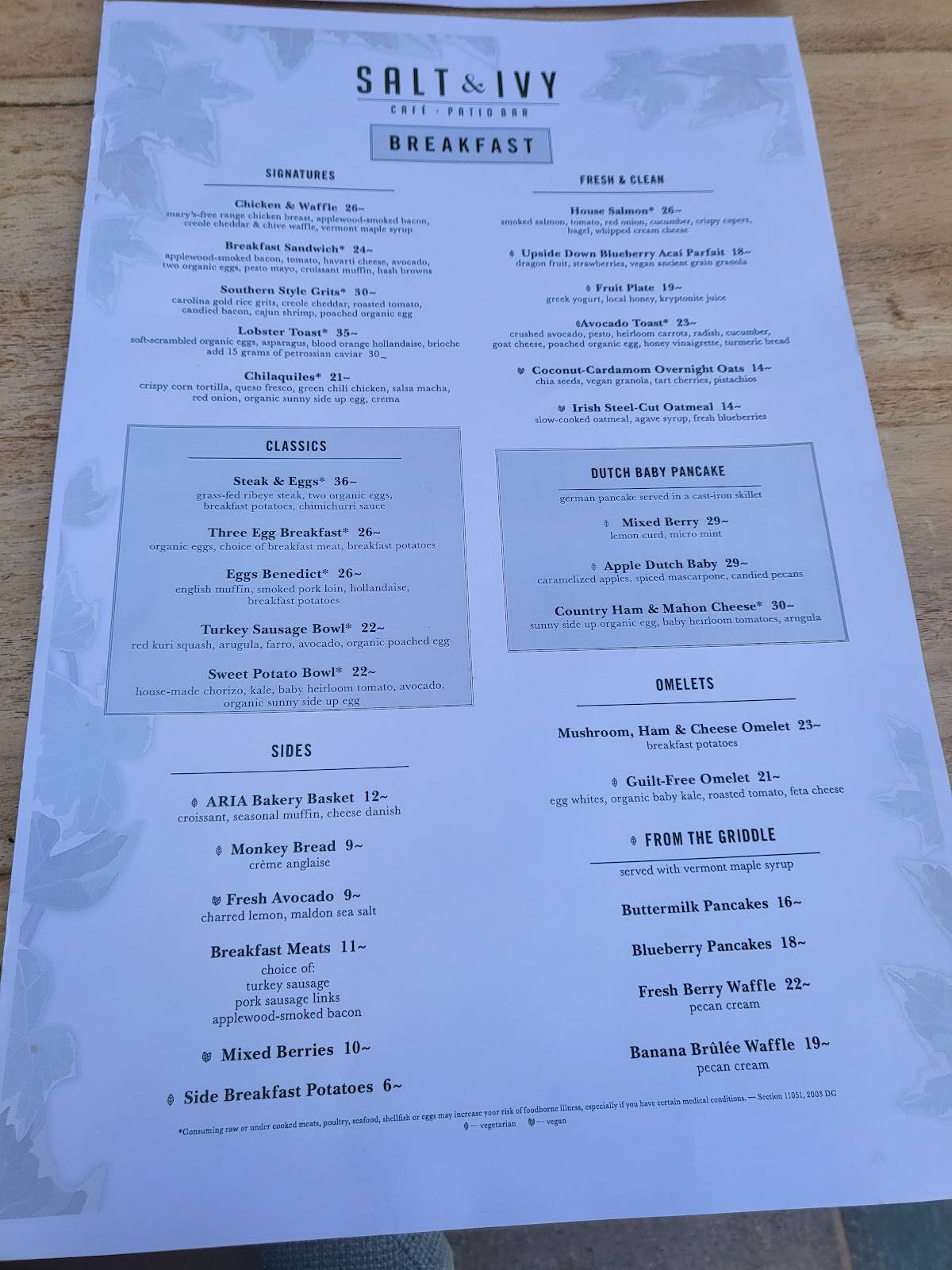 Menu at Salt & Ivy cafe, Las Vegas