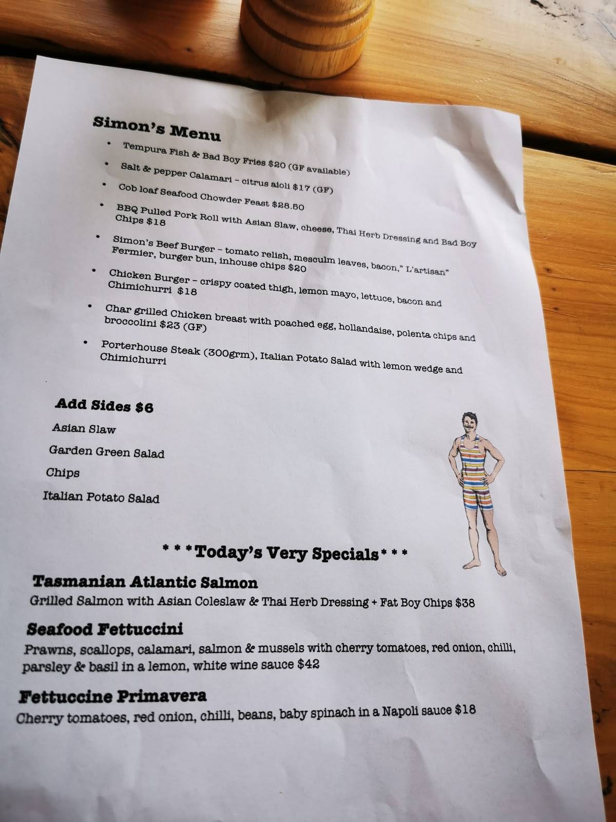 Menu at Simon's Waterfront cafe, Warrnambool